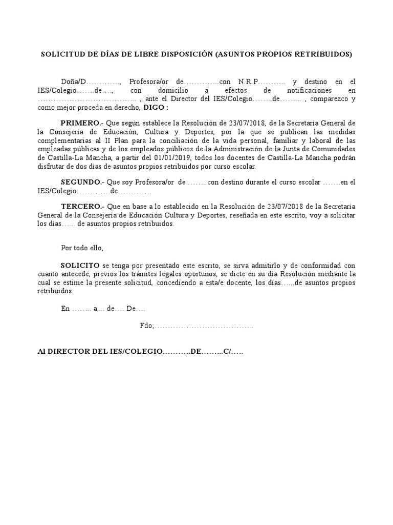 Modelo de Solicitud Dias de Libre Disposición Asuntos Propios Retribuidos Al Director