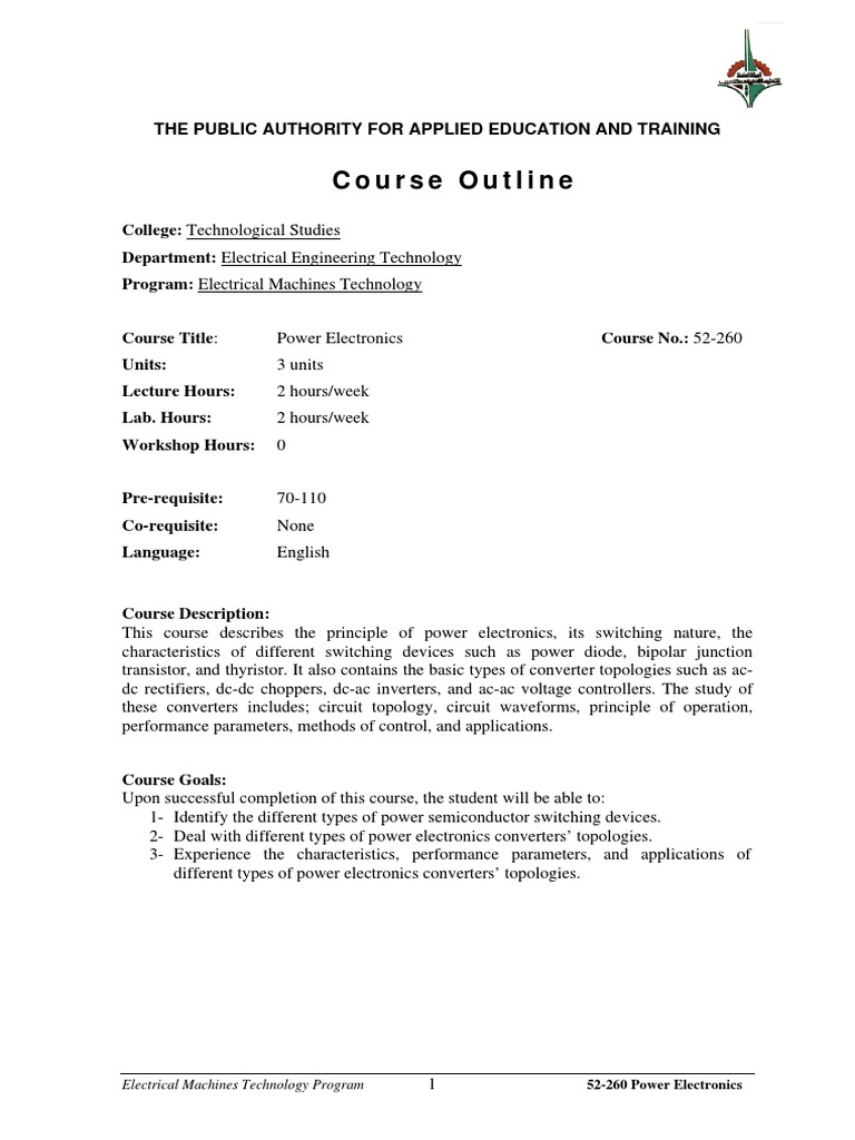Course Outline: Electrical Machines Technology Program | PDF | Power ...
