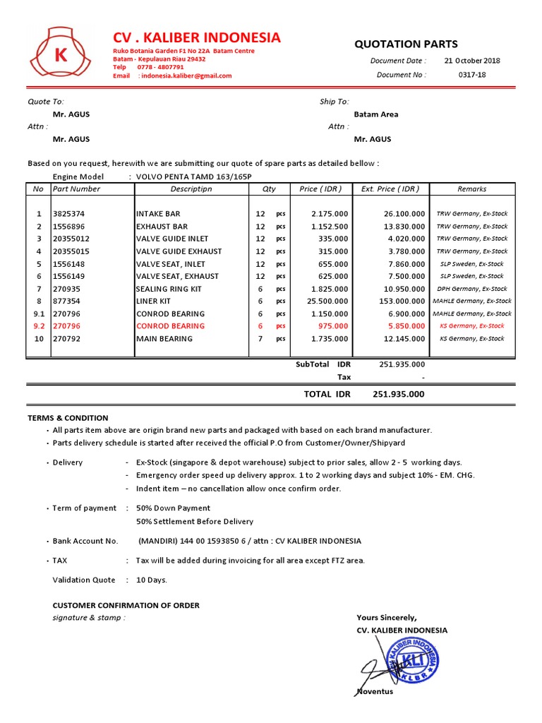 Volvo Penta TAMD Parts Quotation | PDF