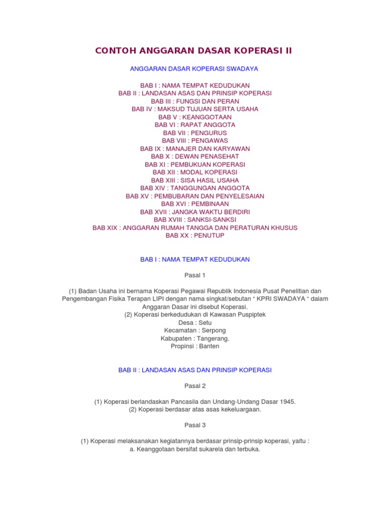 Contoh Anggaran Dasar Koperasi II | PDF