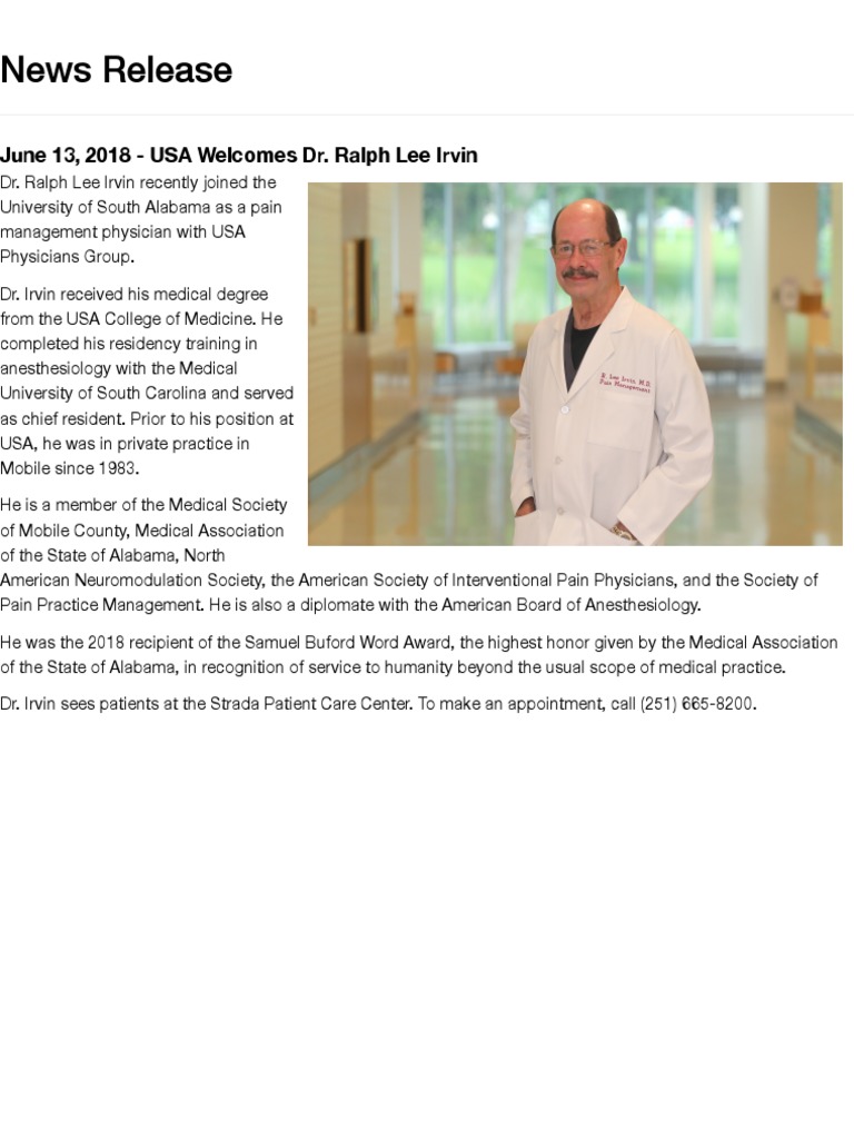 News Release: June 13, 2018 - USA Welcomes Dr. Ralph Lee Irvin | PDF