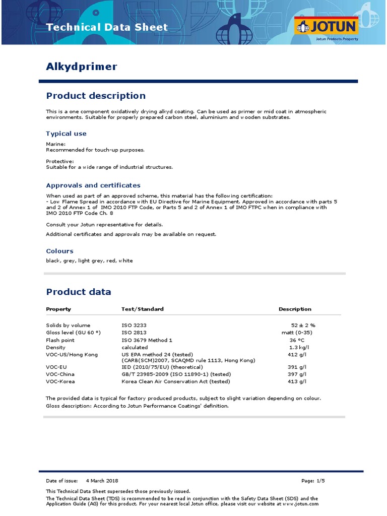 Jotun Alkyd Primer Technical Data Sheet | PDF | Abrasive | Materials