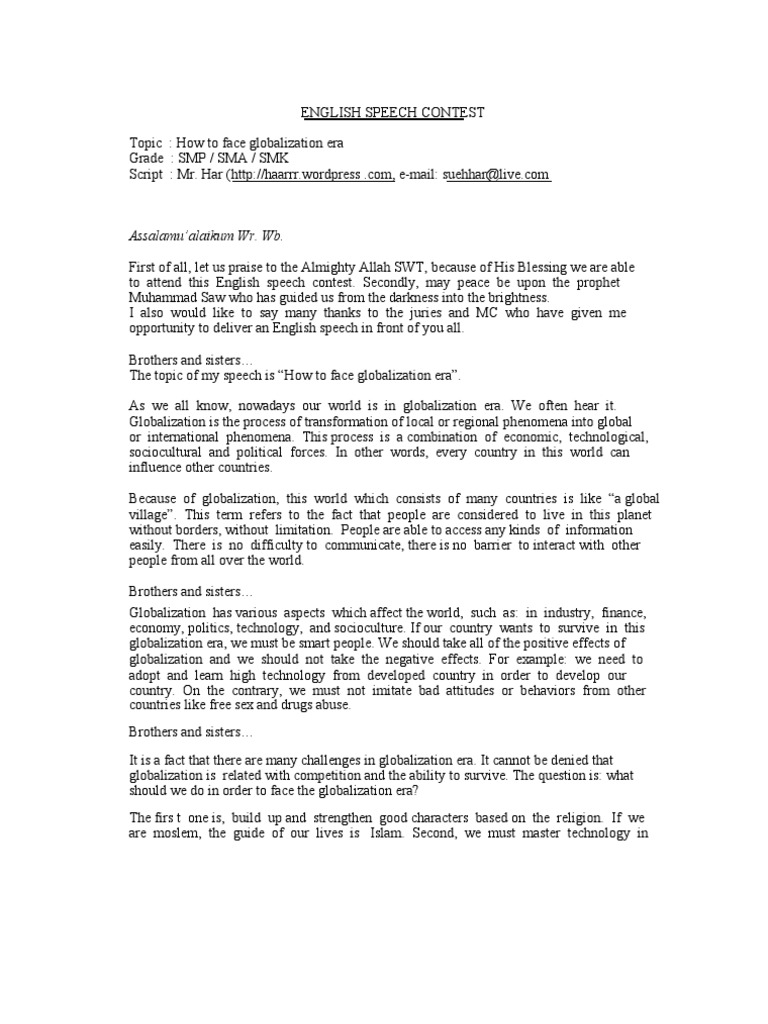 Facing Globalization: Speech Example | PDF | Globalization ...