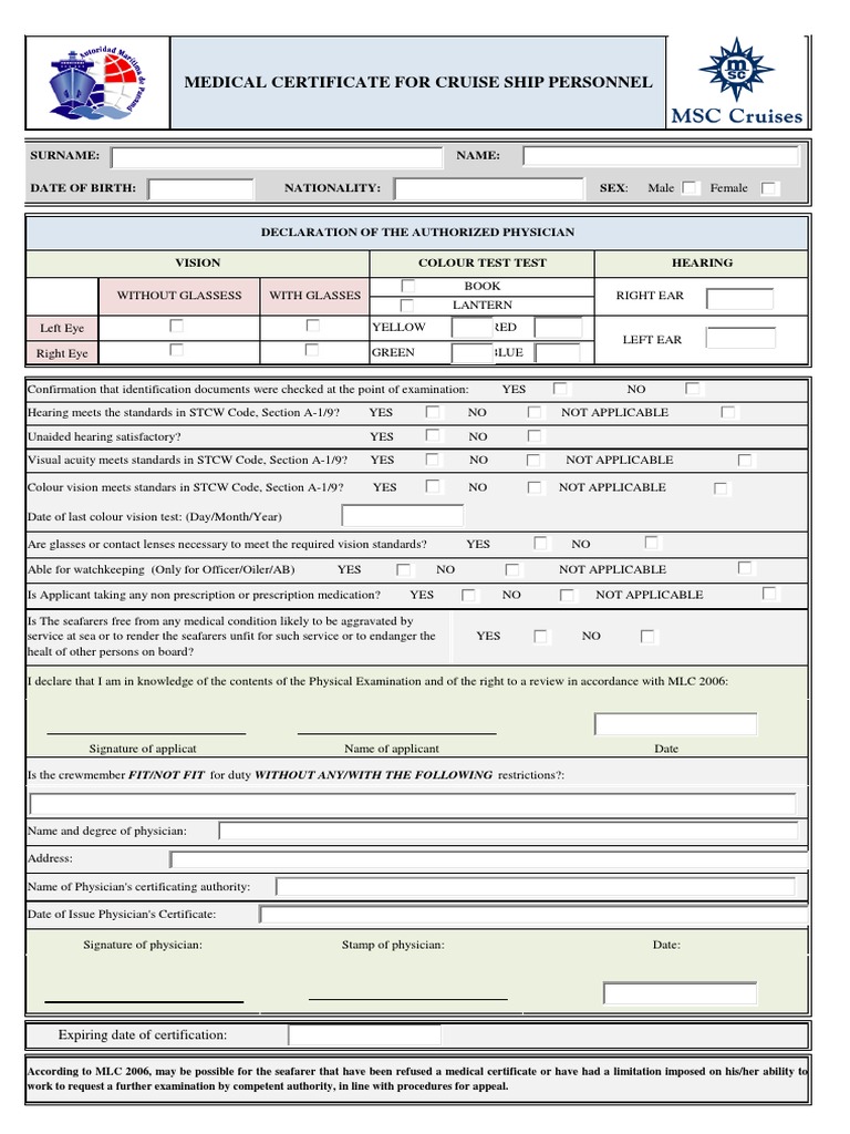 Medical Certificate For Cruise Personnel | PDF | Glasses | Physical ...