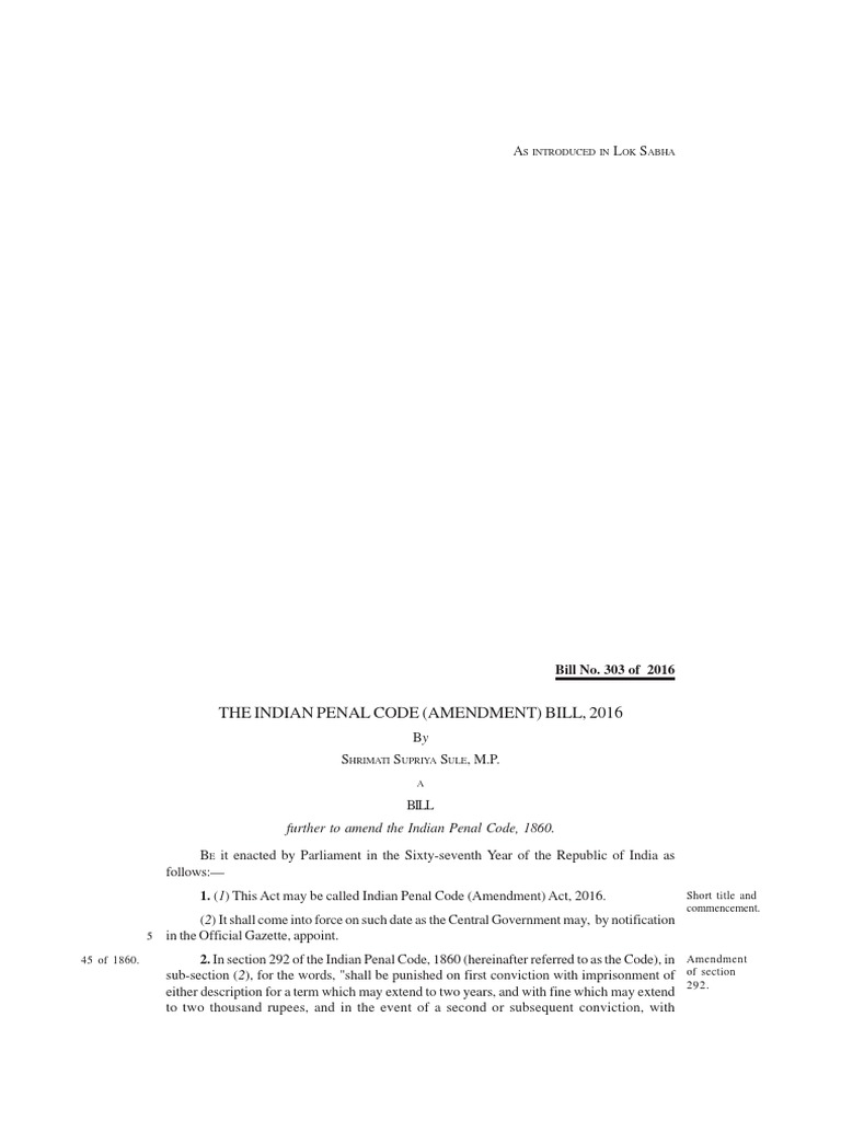 The Indian Penal Code (Amendment) Bill, 2016: S Introduced IN OK Abha ...