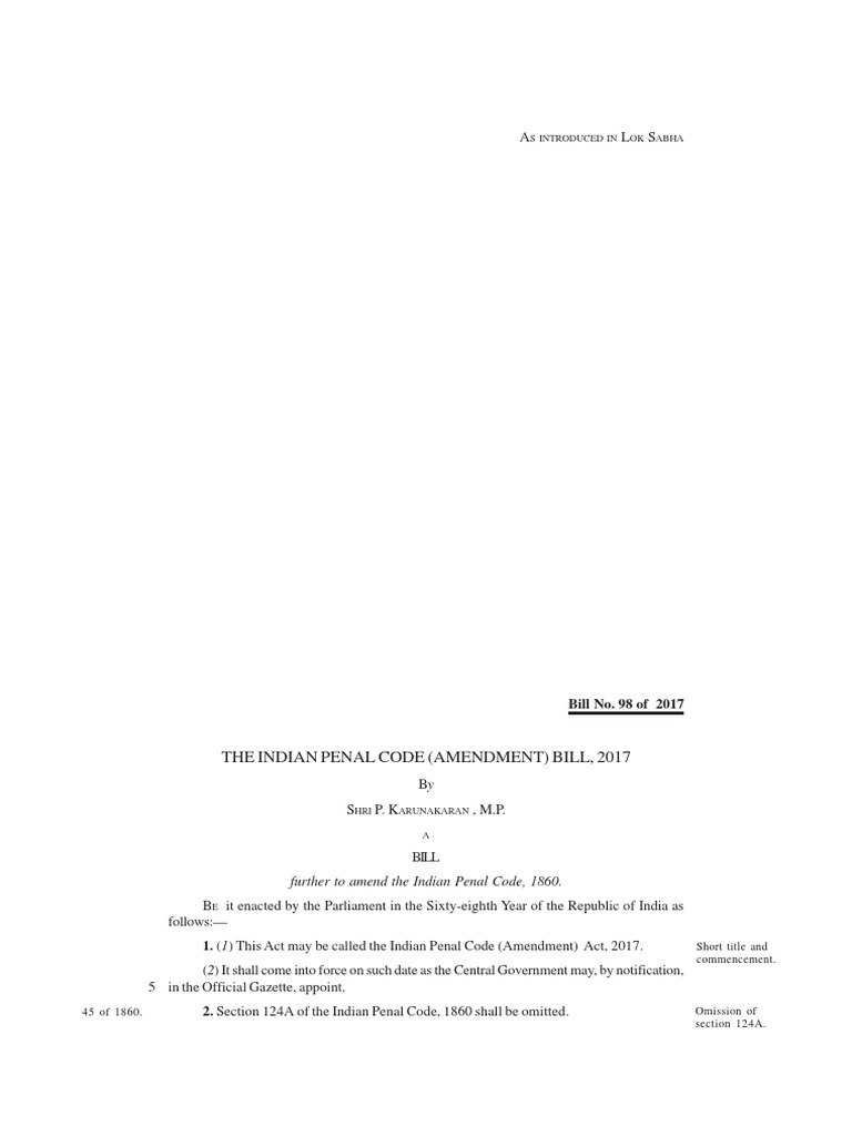 The Indian Penal Code (Amendment) Bill, 2017: S Introduced IN OK Abha ...