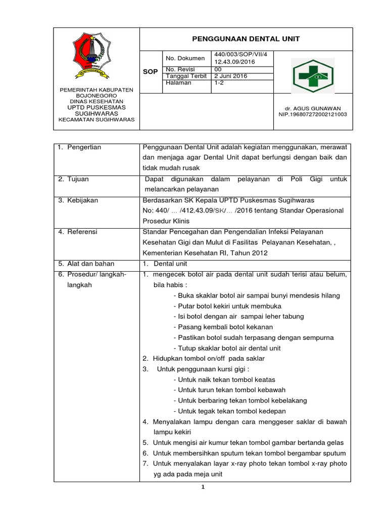 Sop Penggunaan Dental Unit | PDF