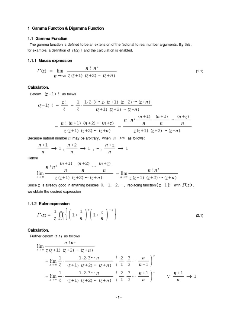 1 Gamma Function & Digamma Function 1.1 Gamma Function | PDF ...
