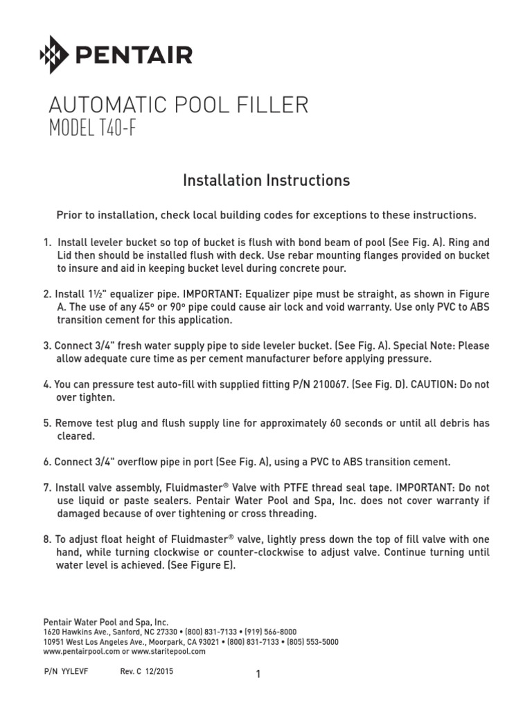 Model T40-F Automatic Pool Filler: Installation Instructions | PDF ...