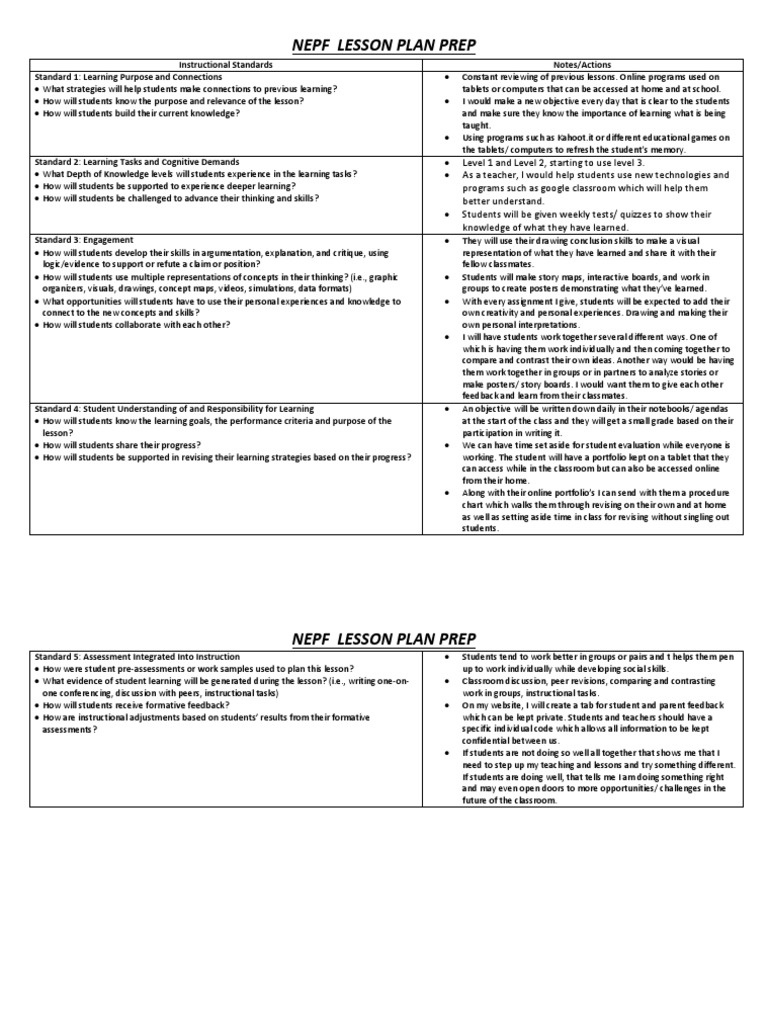 Nepf Lesson Plan Prep: Instructional Standards Notes/Actions Standard 1 ...