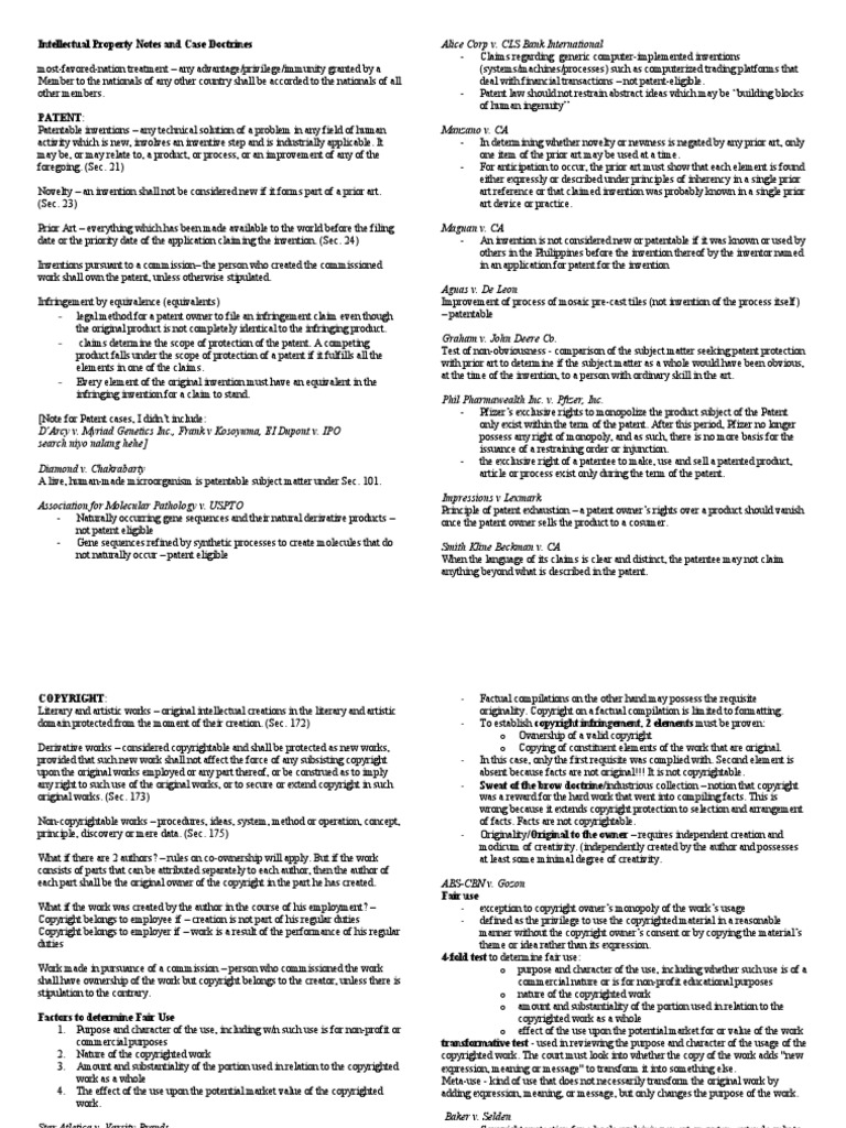 Intellectual Property Notes and Case Doctrines | PDF | Trademark ...