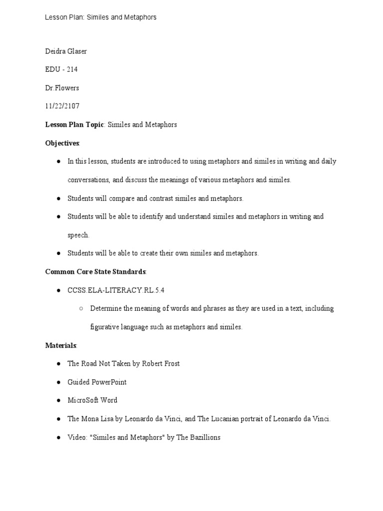 Similes and Metaphors Lesson Plan | PDF | Metaphor | Question