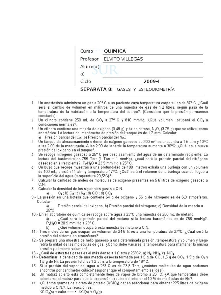 Separata 8 Gases y Estequio 2009 - I | Descargar gratis PDF | Gases | Oxígeno