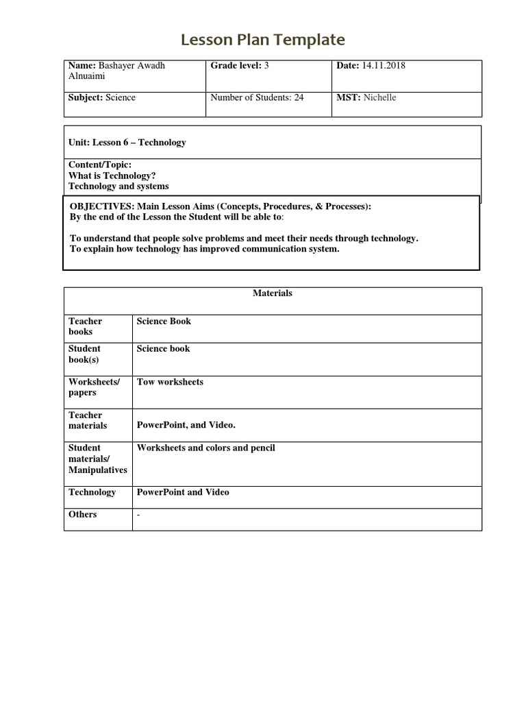 Technology Lesson Plan for Grade 3 | PDF | Lesson Plan | Cognition