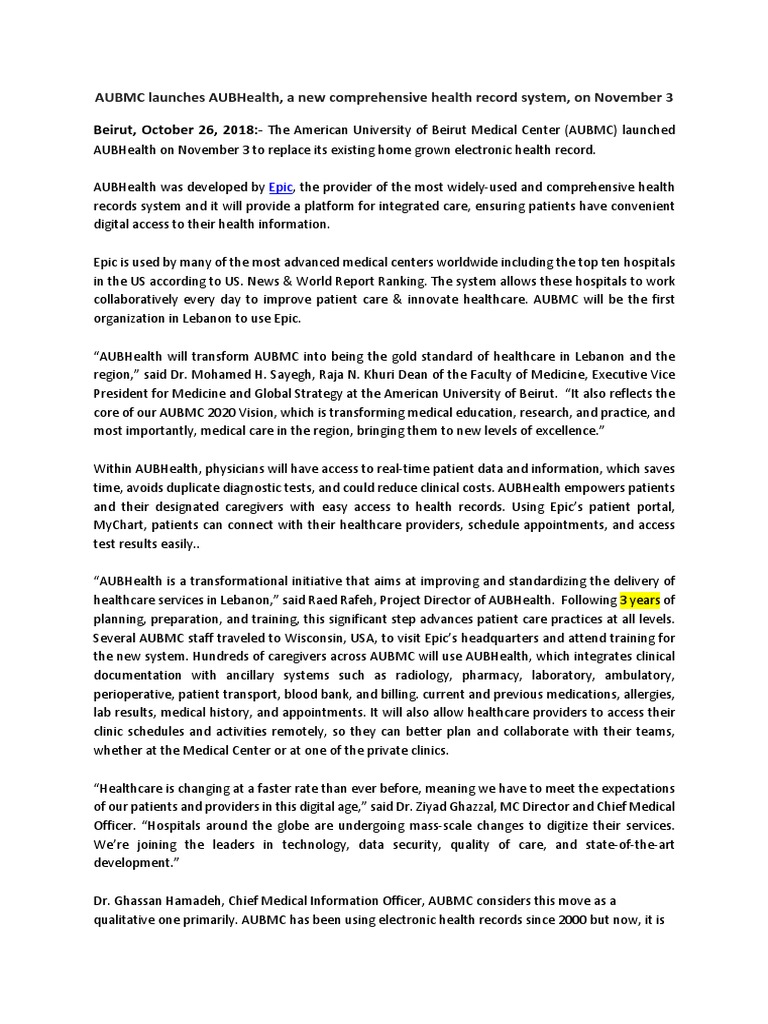 AUBMC Launches Epic | PDF | Electronic Health Record | Health Care