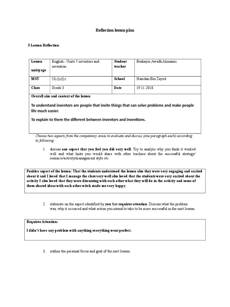 Reflection Lesson Plan 5 | PDF
