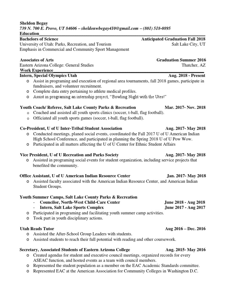 Sheldon Begay Work Resume | PDF | Utah | Salt Lake City