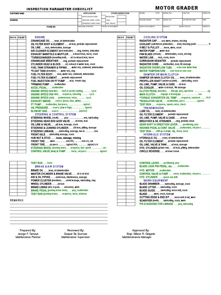 Motor Grader: Inspection Parameter Checklist | PDF | Clutch | Radiator