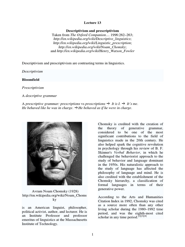 Lecture 13 Descriptivism and Prescriptivism | PDF | Noam Chomsky ...