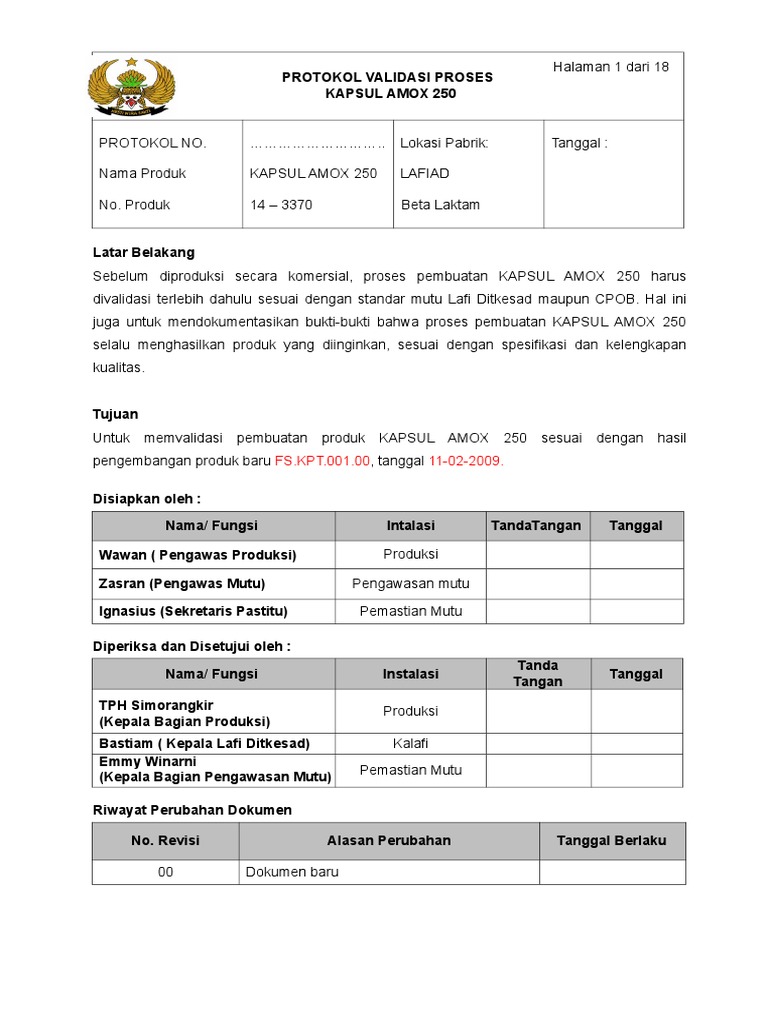 Protokol Validasi Proses Untuk Sediaan Kapsul Amox250 | PDF