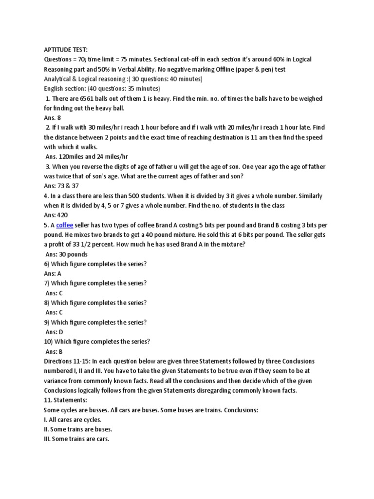 Analytical & Logical Reasoning: (30 Questions: 40 Minutes) English ...