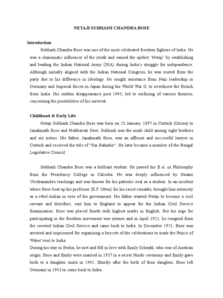 Netaji Subhash Chandra Bose Pdf Indian Independence Movement