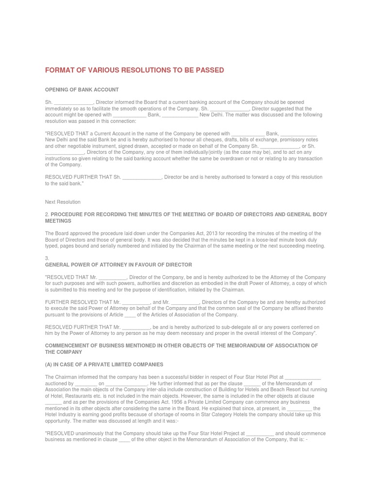 Comapny Resolution Format | PDF | Board Of Directors | Negotiable ...