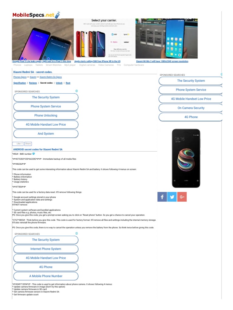 Xiaomi Redmi 5A Secret Codes | PDF | Mobile Phones | Consumer Electronics