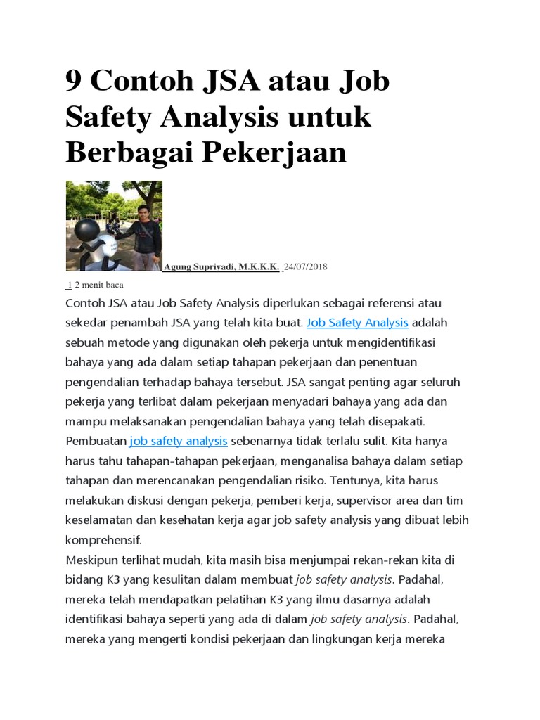 9 Contoh JSA Atau Job Safety Analysis Untuk Berbagai Pekerjaan