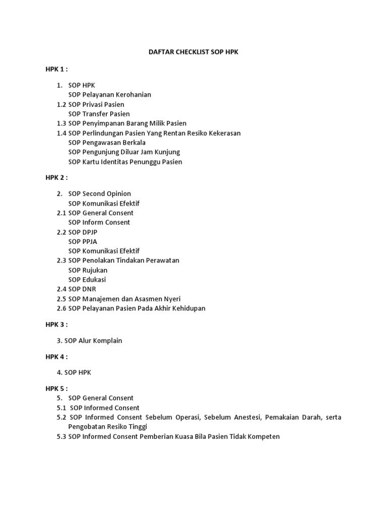 Daftar Checklist Sop HPK | PDF