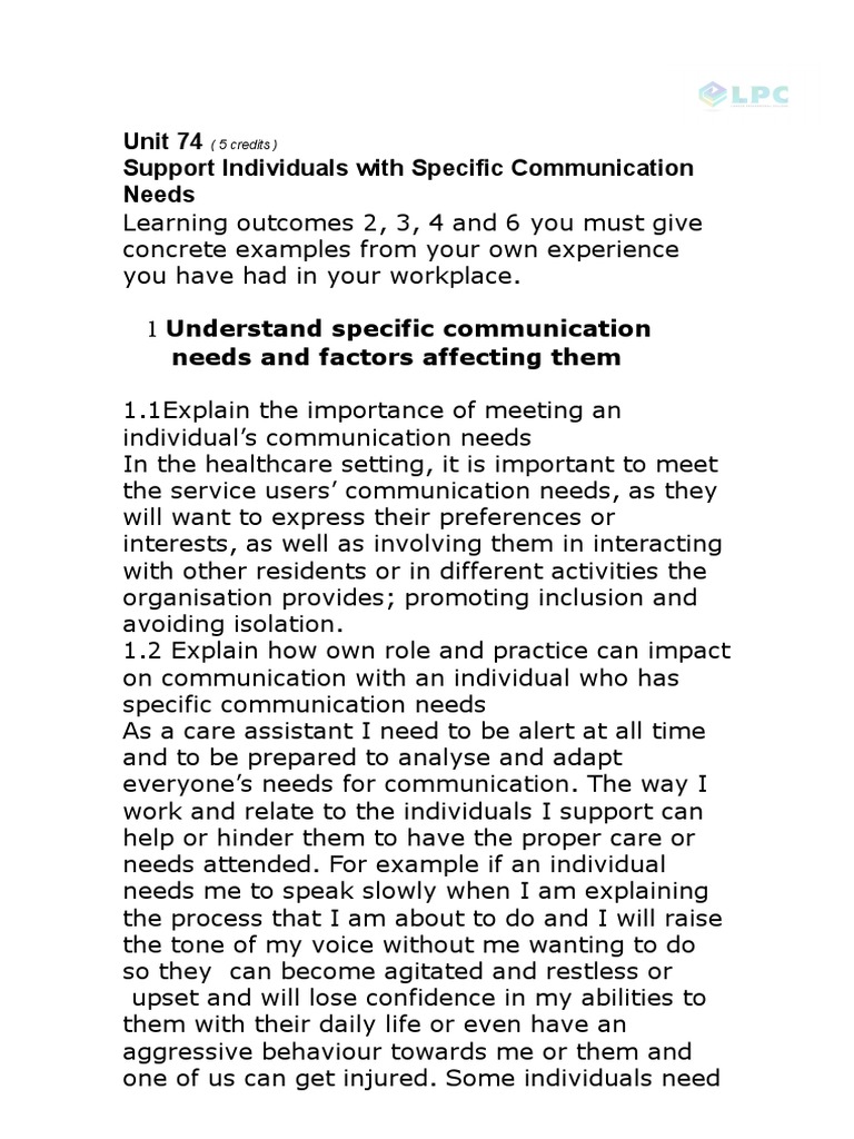 Unit 74 Support Individuals With Specific Communication Needs | PDF ...