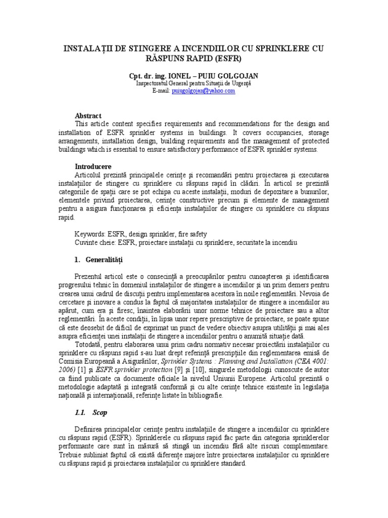 INSTALAłII DE STINGERE A INCENDIILOR CU SPRINKLERE CU RĂSPUNS RAPID (ESFR) | PDF