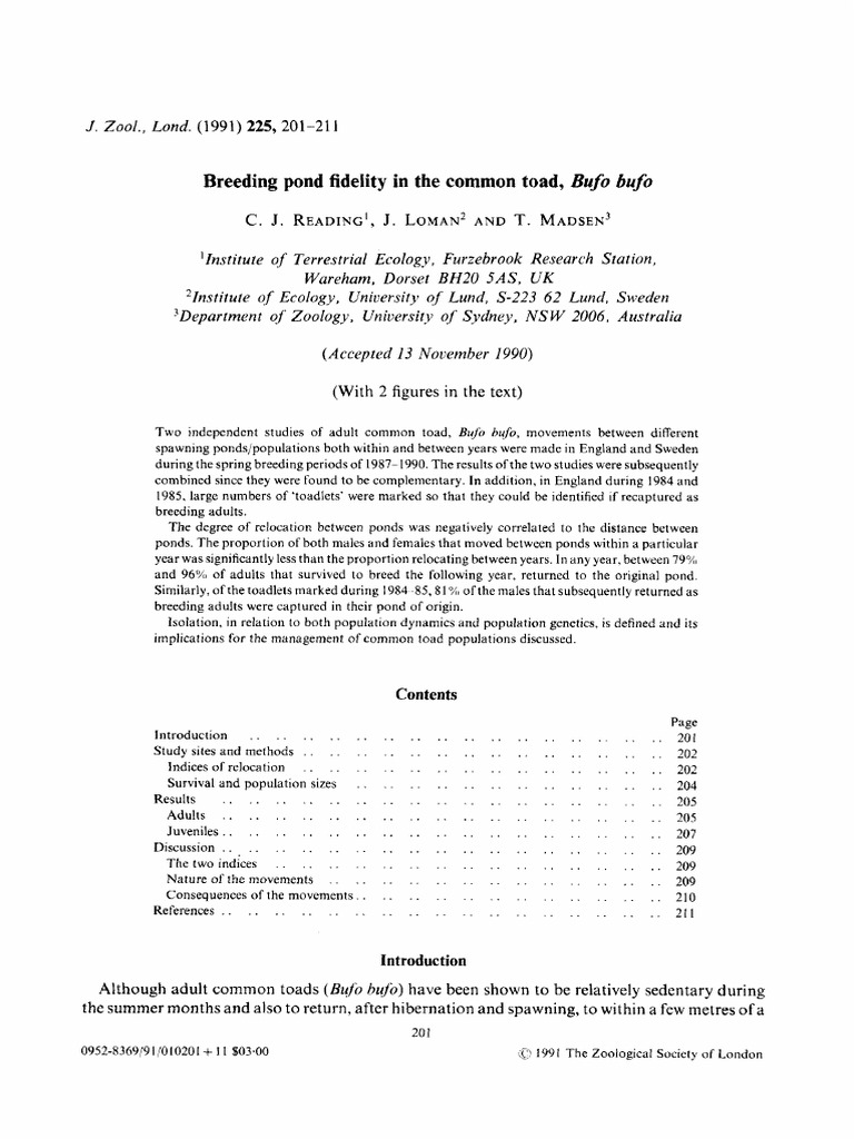 Breeding Pond Fidelity in The Common Toad, Bufo Bufo | PDF | Habitat ...