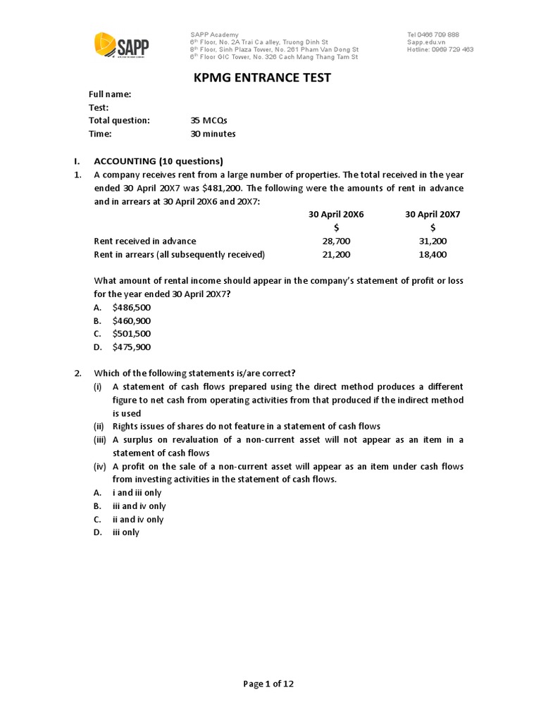 KPMG Entrance Test Overview and Sample Questions | PDF | Debits And ...