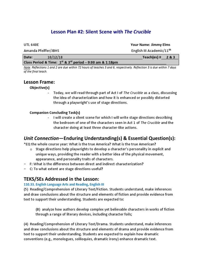 Lesson Plan #2: Silent Scene With The Crucible | PDF | Reading ...