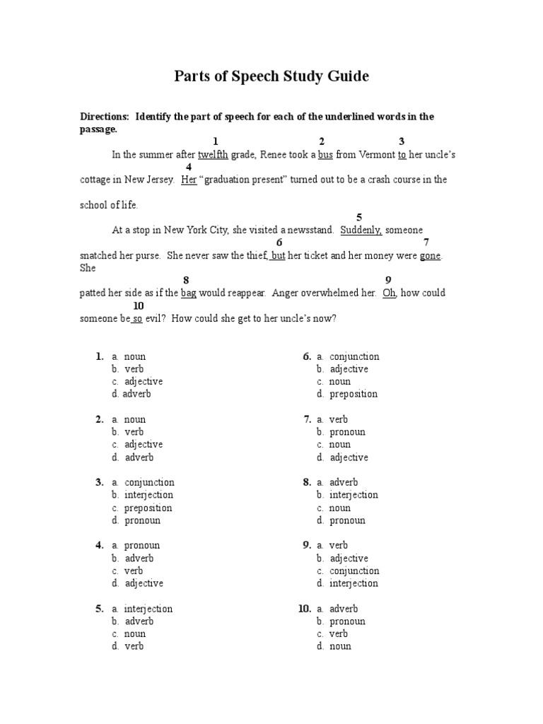 Parts of Speech Study Guide | PDF