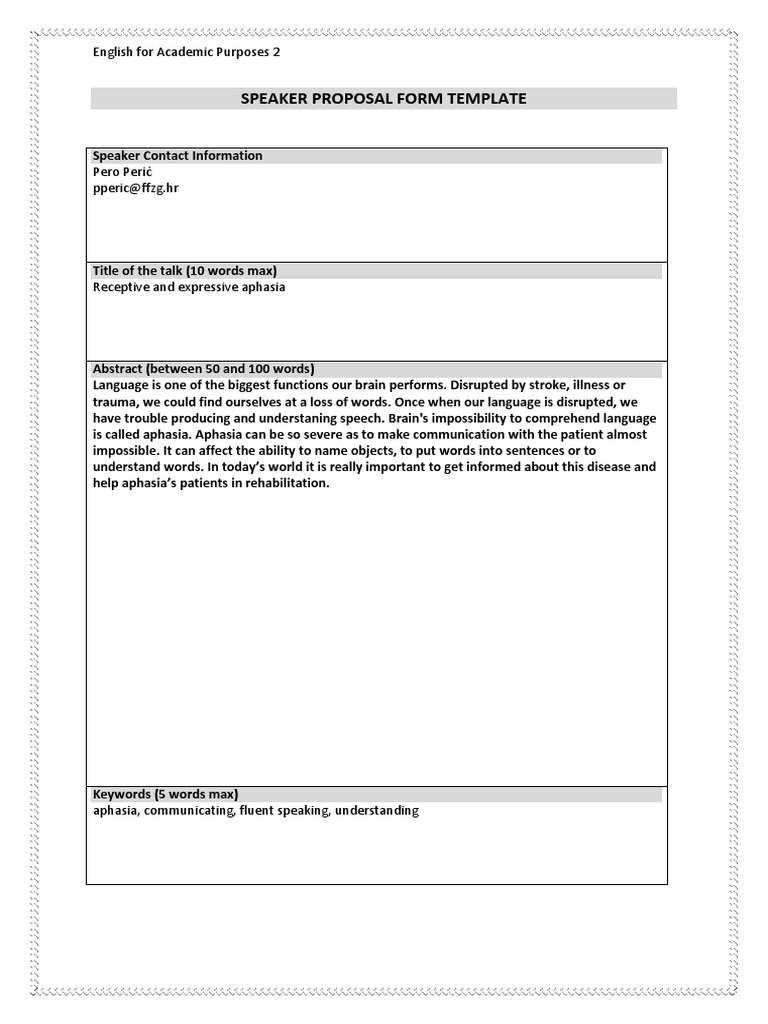 Speaker Proposal Form Template: English For Academic Purposes 2 | PDF