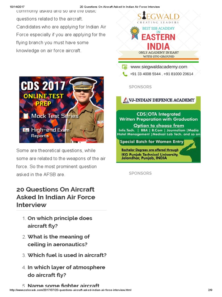 20 Questions On Aircraft Asked in Indian Air Force Interview | PDF ...