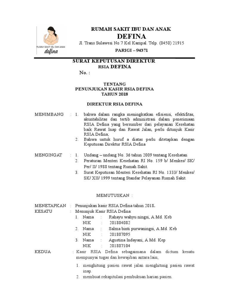 Penunjukan Kasir RSIA Defina 2018 | PDF