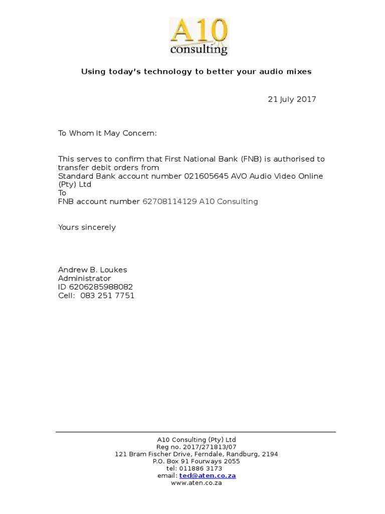 Debit Order Confirmation To FNB | PDF