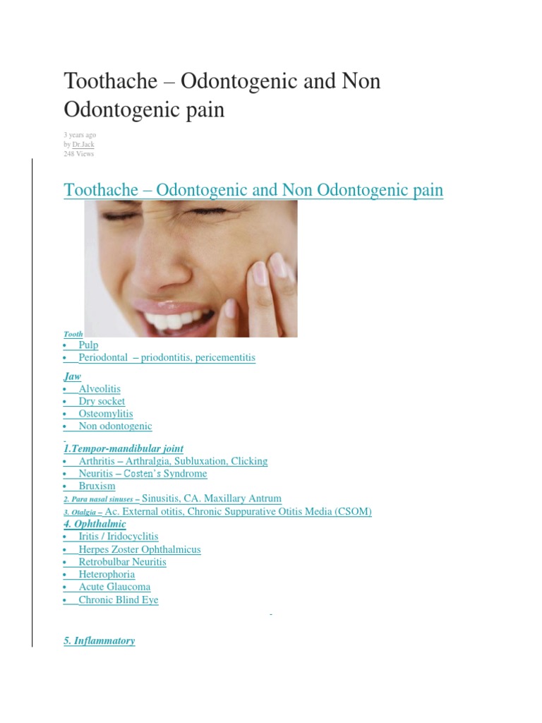 Toothache - Odontogenic and Non Odontogenic Pain | PDF | Human Head And ...