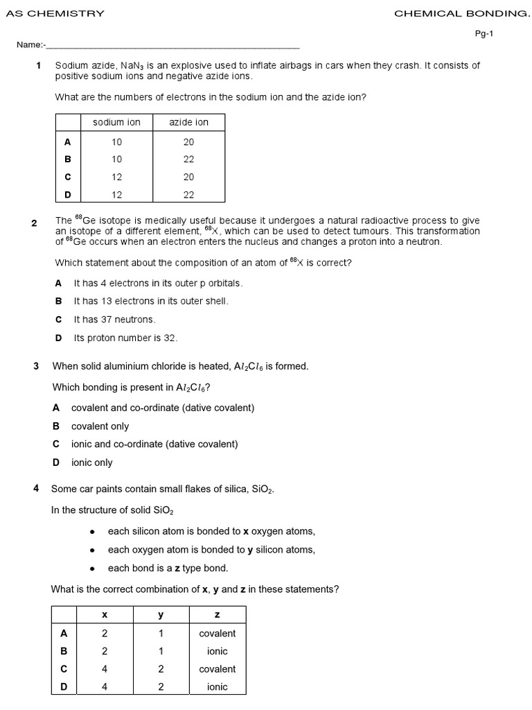 Test As Chemical Bonding | PDF | Atoms | Chemical Bond
