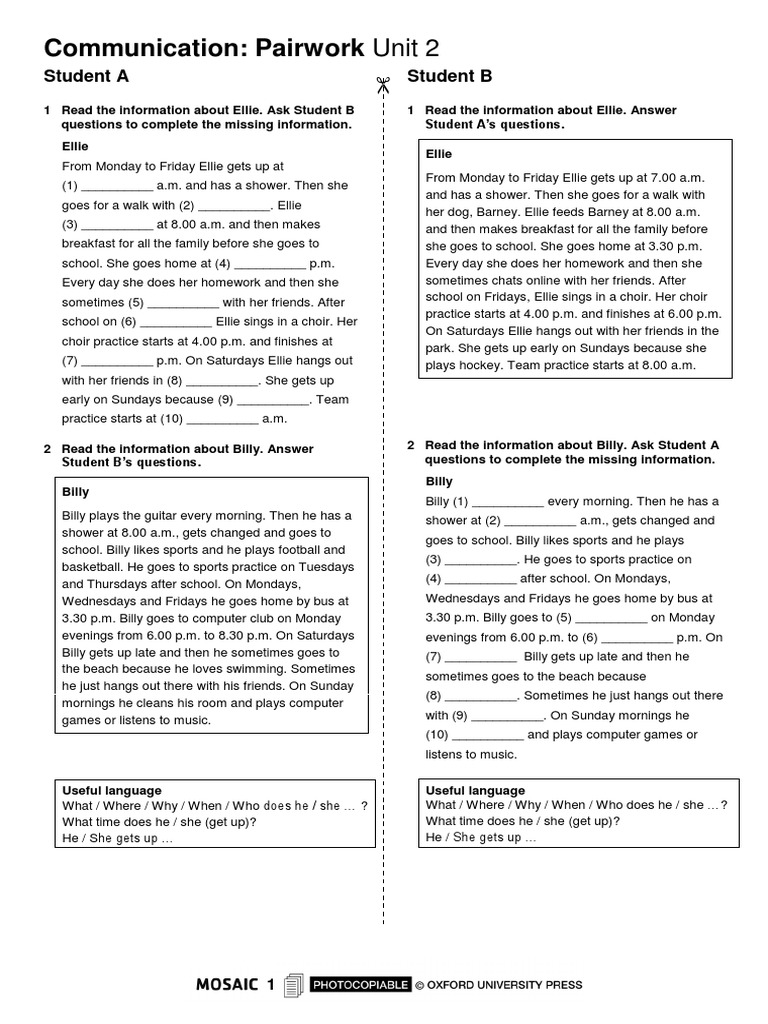 Daily Schedules of Ellie and Billy: A Pairwork Activity to Exchange Information Through Question ...