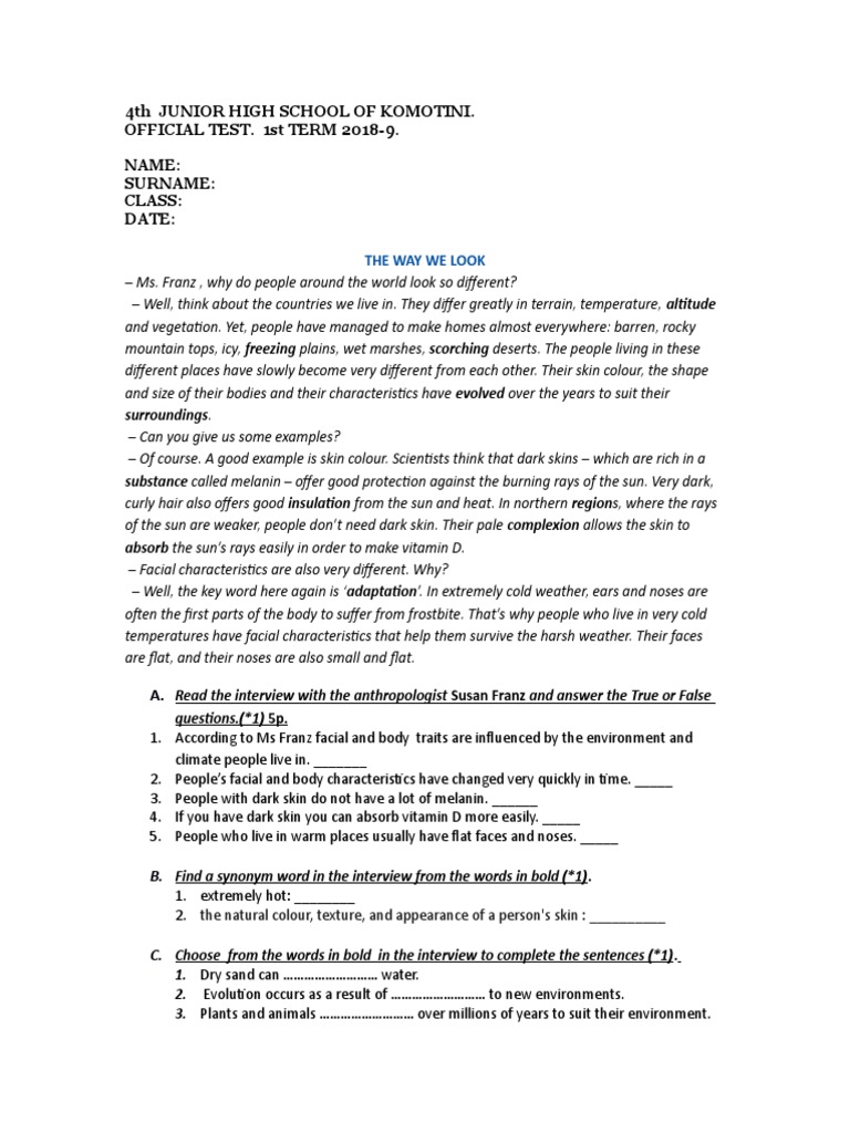Adaptation Test 1 | PDF | Human Skin Color | Natural Environment