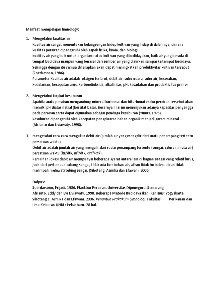 Manfaat Mempelajari Limnologi | PDF