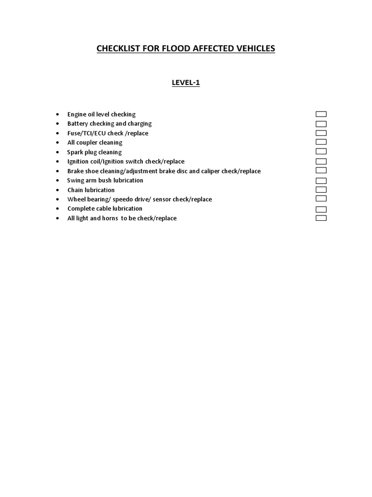 Checklist For Flood Affected Vehicles: Level-1 | PDF