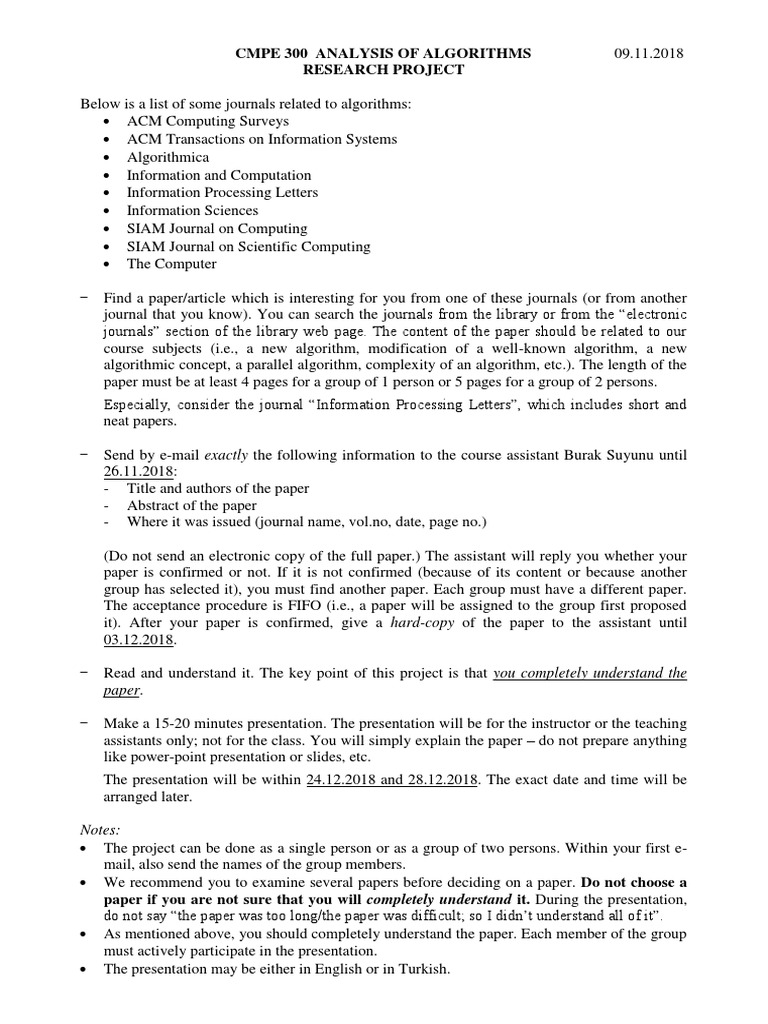 Cmpe 300 Analysis of Algorithms Research Project: Paper | PDF ...