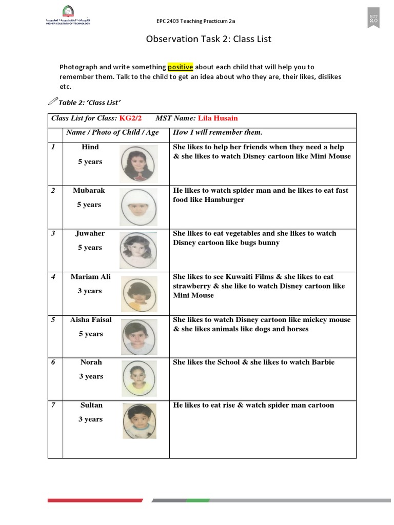 Observation Task 2: Class List | PDF