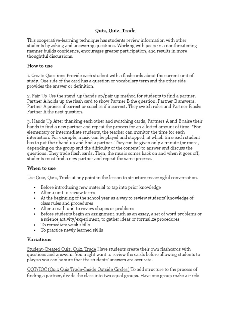 Kagan Quiz Quiz Trade | Download Free PDF | Education Theory | Applied ...