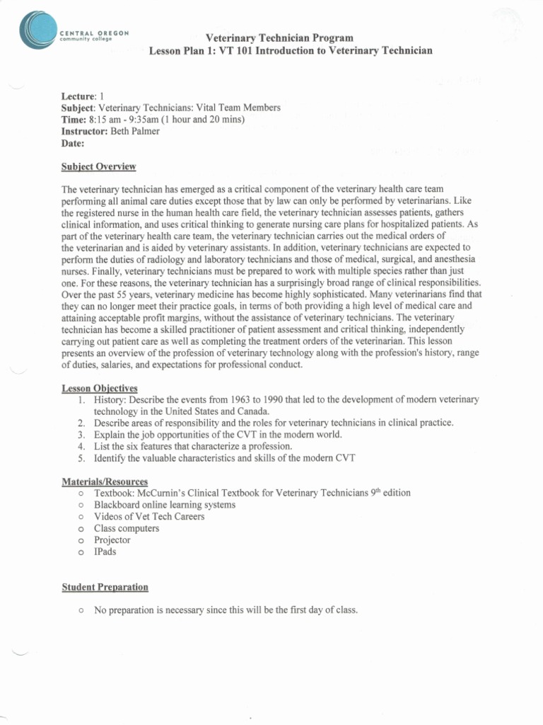 Vettech Program Lesson Plan | PDF | Veterinary Medicine | Veterinary ...